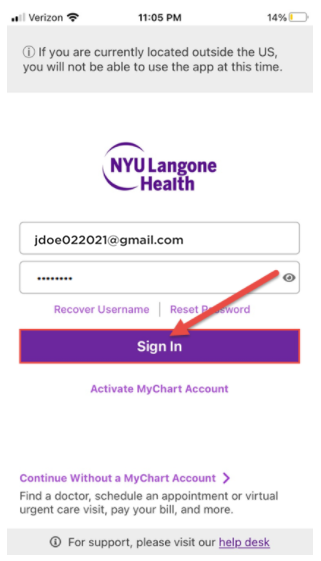 Log in for NYU Langone Health app