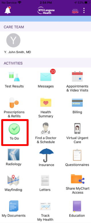 To Do icon in the NYU Langone Health app